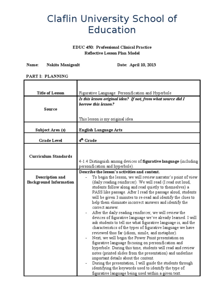Reflective Lesson Plan (Video Lesson) Personification and Hyperbole ... Reflective Lesson Plan (Video Lesson) Personification and Hyperbole ...