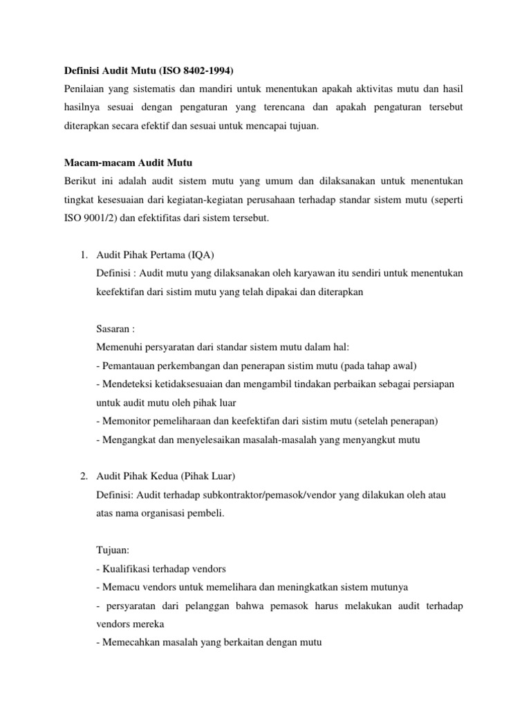 Definisi Audit Mutu (ISO 8402-1994) | PDF