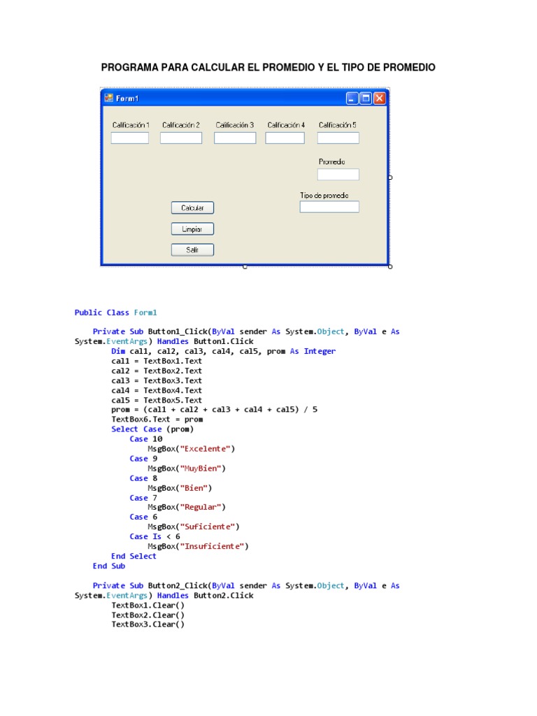 Programa para Calcular El Promedio Y El Tipo de Promedio: Form1 Object Eventargs | PDF