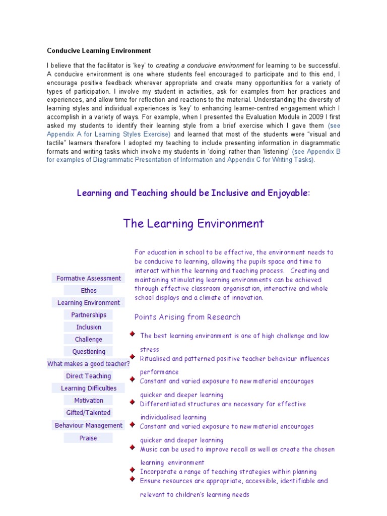 Conducive Learning Environment Learning Styles Learning