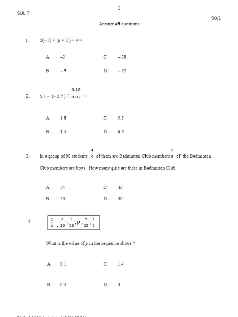 Final Examination Paper 1 Matematik Form 2 Semester 1 by MRSM PDRM ...