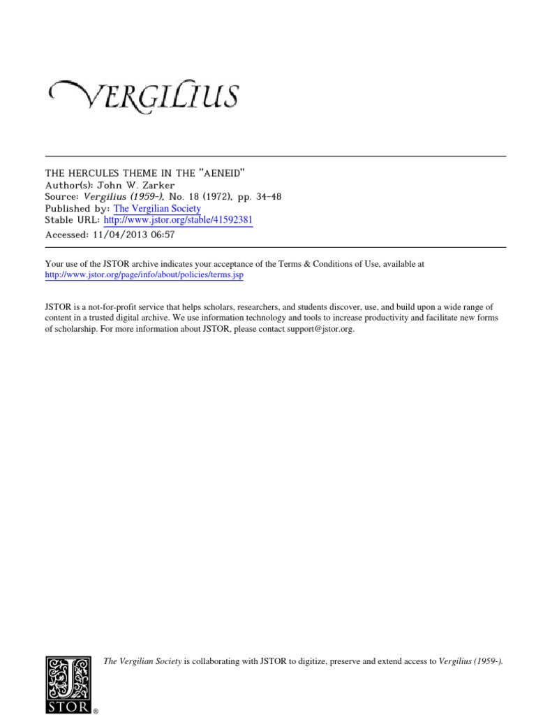 J. W. Zarker, 'The Hercules Theme in The Aeneid' | PDF | Aeneid | Virgil J. W. Zarker, 'The Hercules Theme in The Aeneid' | PDF | Aeneid | Virgil