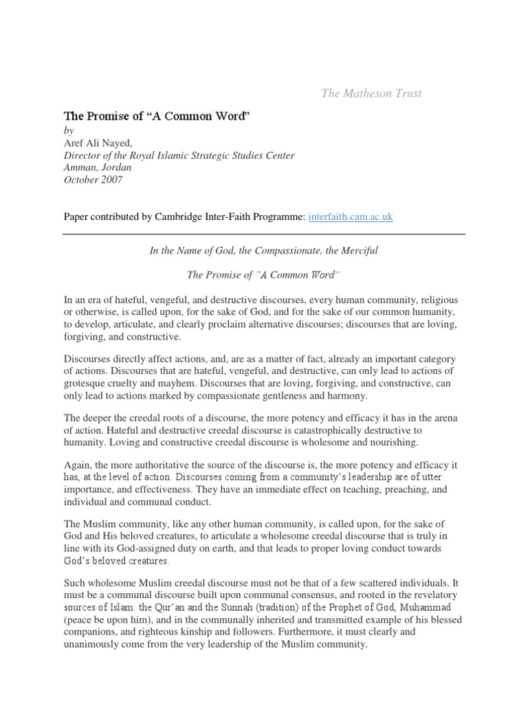 The Promise of "A Common Word" Aref Ali Nayed | PDF | Monotheism ...