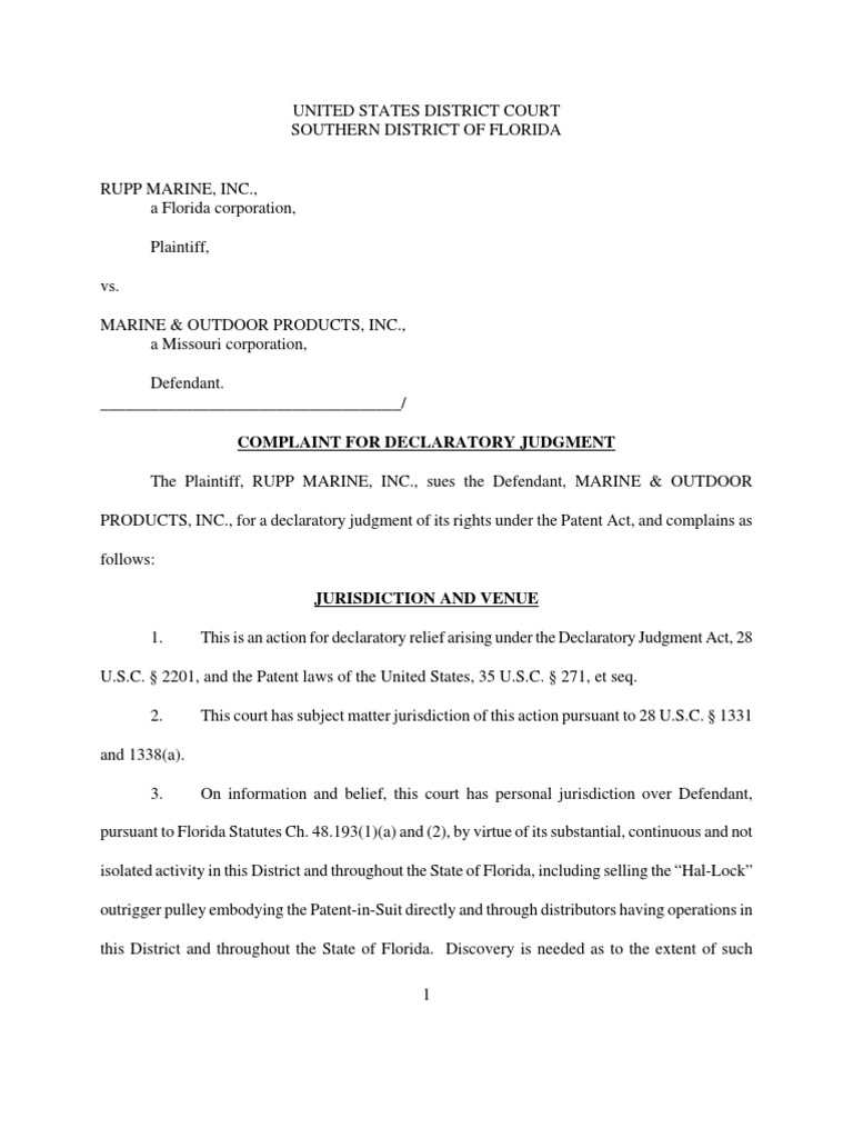 Rupp Marine v. Marine & Outdoor Products | PDF | Declaratory Judgment ...