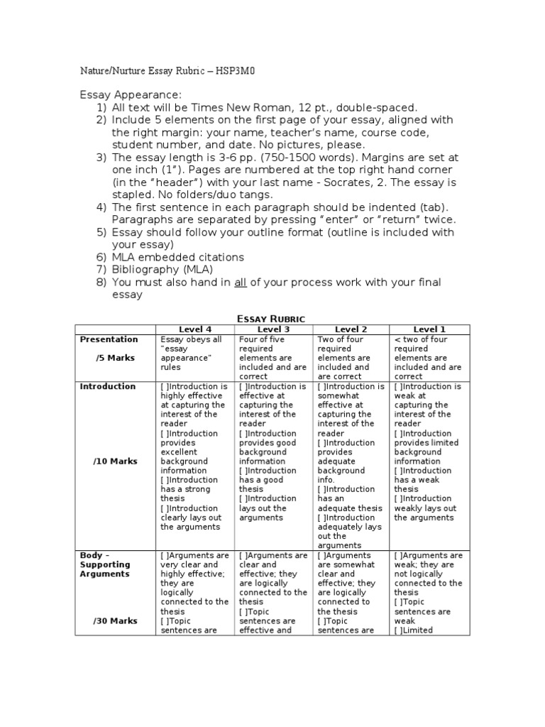 Nature vs. Nurture NA Essay Rubric | PDF | Argument | Essays