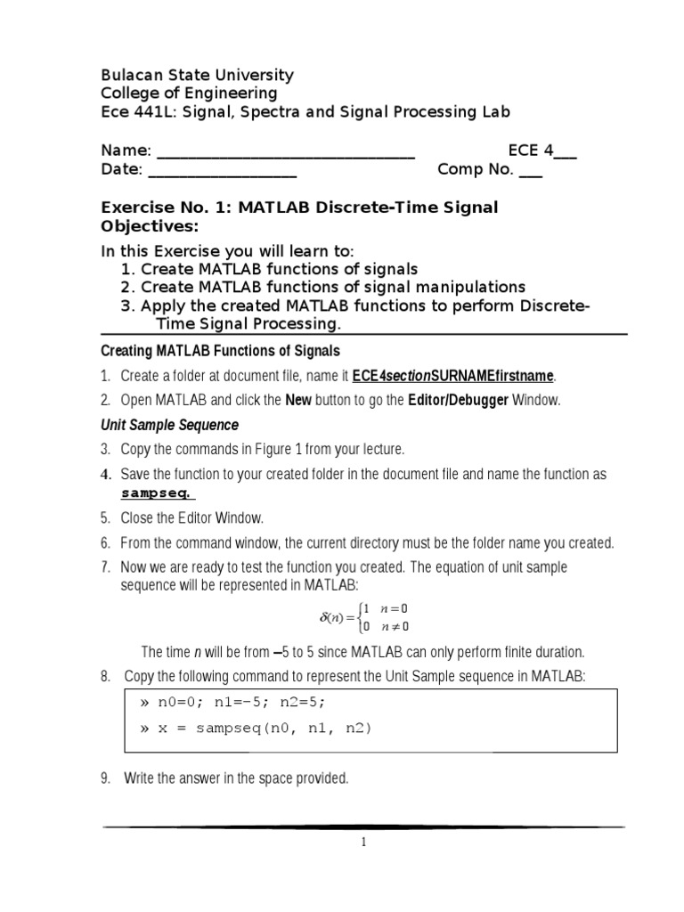 Exercise No. 1: MATLAB Discrete-Time Signal Objectives:: Unit Sample ...