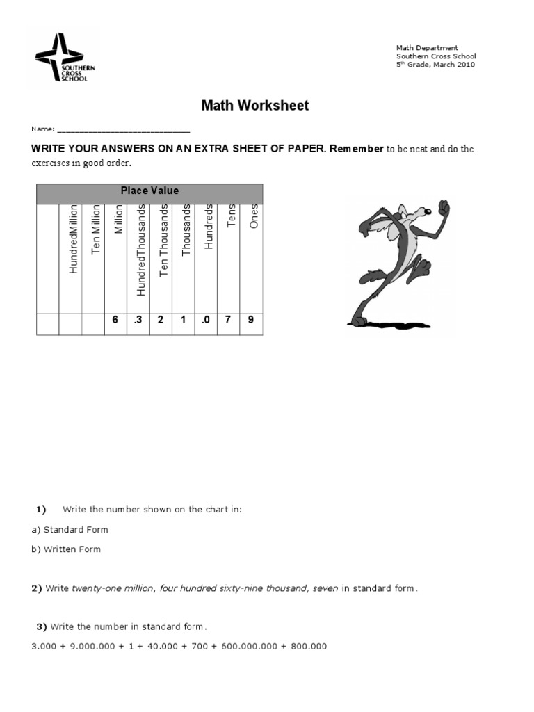 Math Worksheet: Write Your Answers On An Extra Sheet of Paper. Remember ...