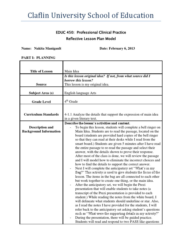 Reflective Lesson Plan Main Idea | PDF | Homework | Question