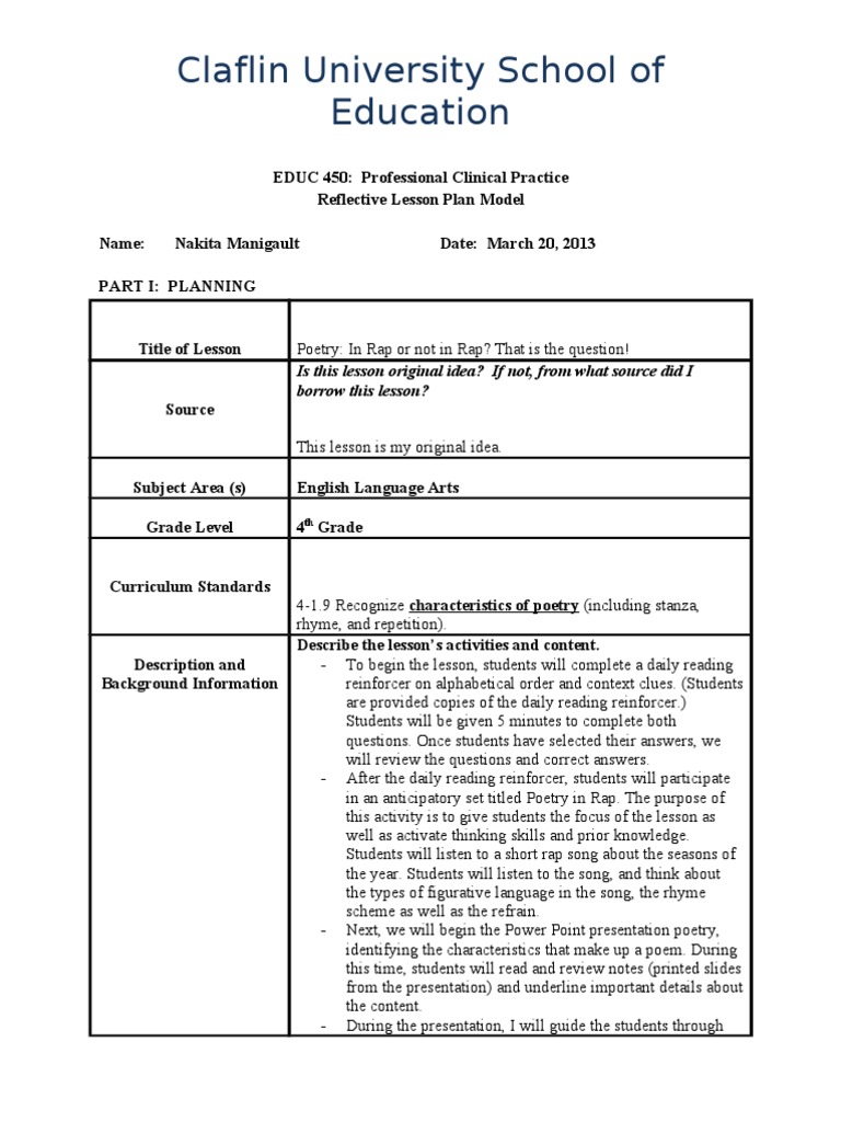4th Grade Poetry Lesson Plan | PDF | Poetry | Reading Comprehension