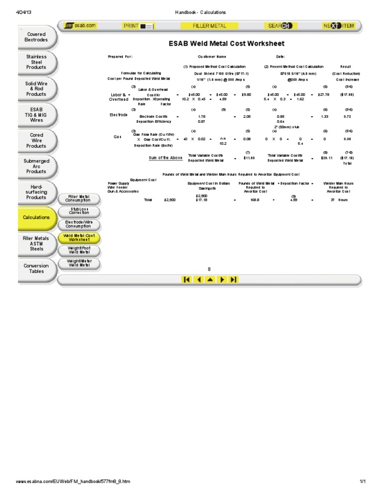 ESAB Weld Metal Cost Worksheet: Labor & Ov Erhead | PDF