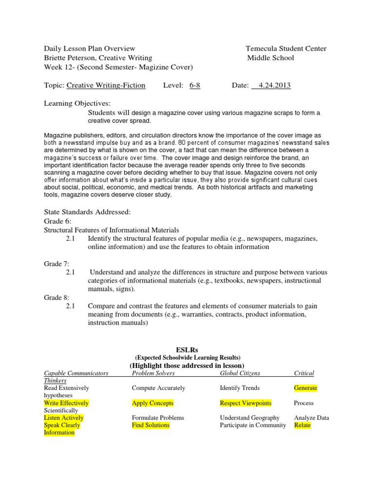 Week 12 Lesson Plan - Magazine Cover Design | PDF | Magazines | Newspapers