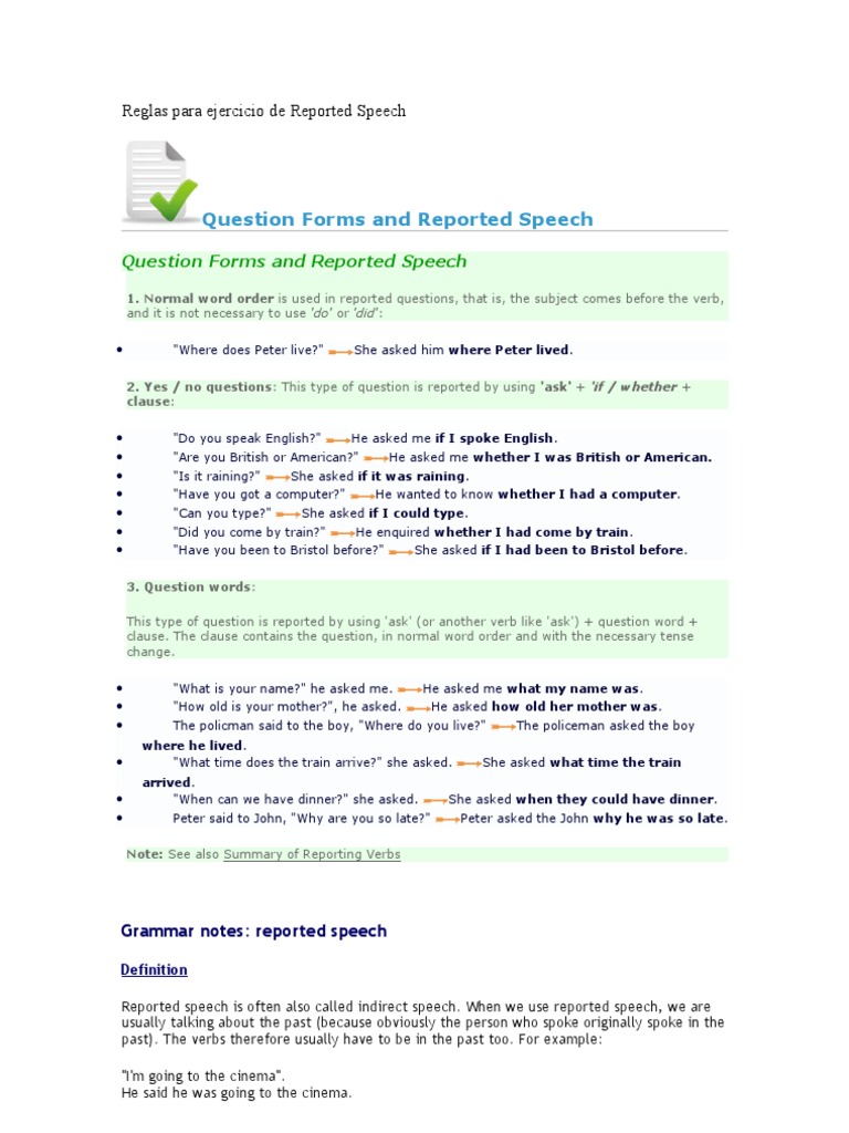 Reglas para Ejercicio de Reported Speech | PDF | Verb | Semantic Units