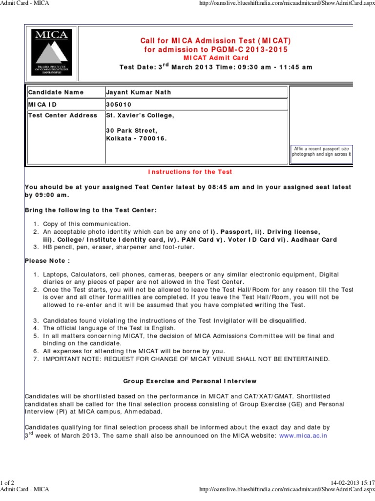 Call For MICA Admission Test (MICAT) For Admission To PGDM-C 2013-2015 ...