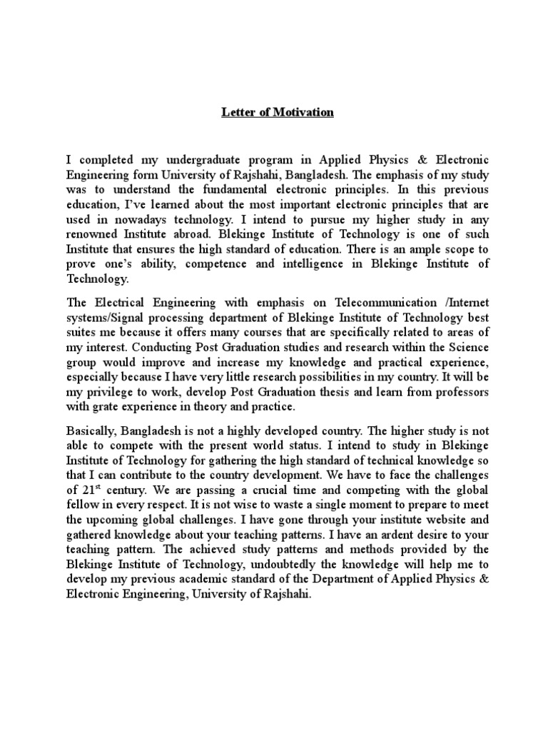 Motivation Letter | PDF | Institute Of Technology | Engineering