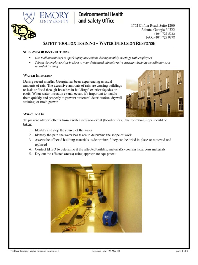 Water Intrusion Response Safety Toolbox Training | PDF | Occupational ...