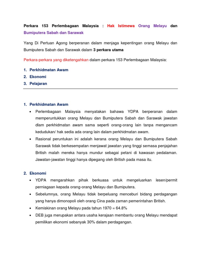 Perkara 153 Hak Orang Melayu Dan Bumiputera Sabah Sarawak | PDF