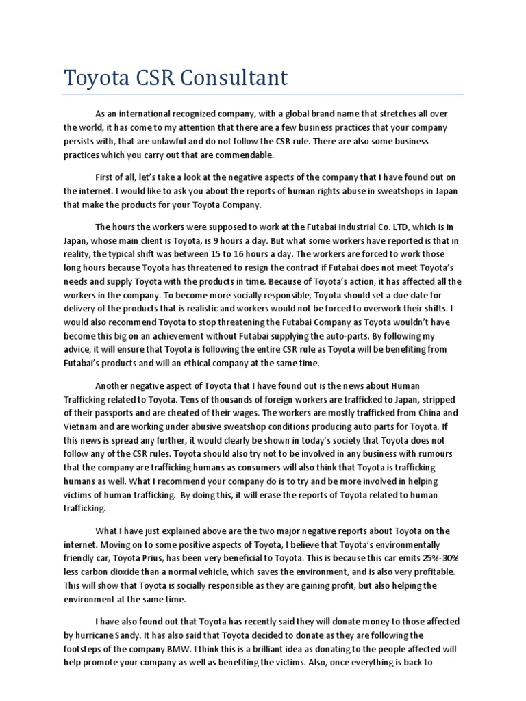 Final Toyota CSR | PDF | Sweatshop | Toyota