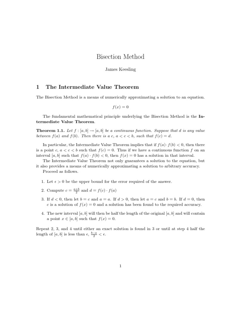 Bisection Method: 1 The Intermediate Value Theorem | PDF | Numerical Analysis | Algorithms