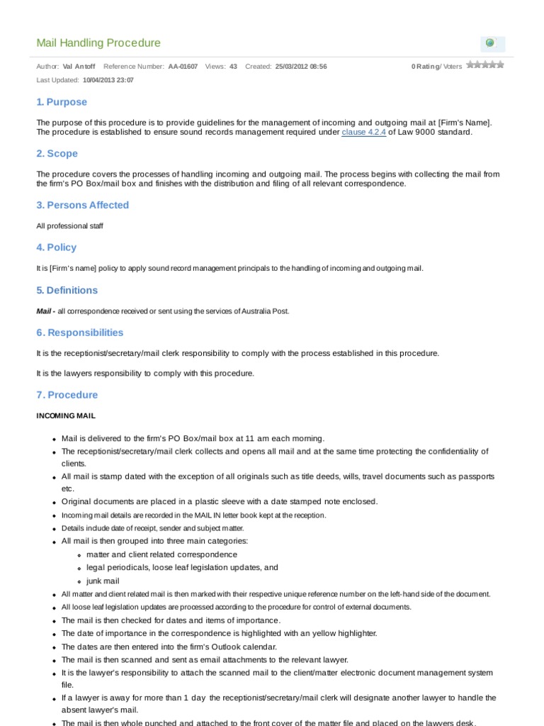 Mail Handling Procedure For Law Firms - Example | PDF | Mail | Lawyer