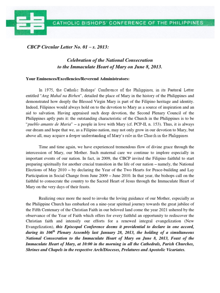CBCP Circular Letter No. 01 - S. 2013: Celebration of The National ...