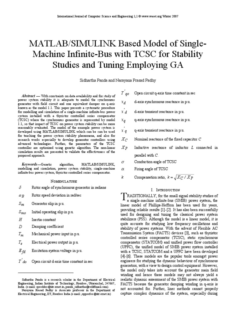 MATLAB/SIMULINK Based Model of Single-Machine Infinite-Bus With TCSC For Stability Studies and ...