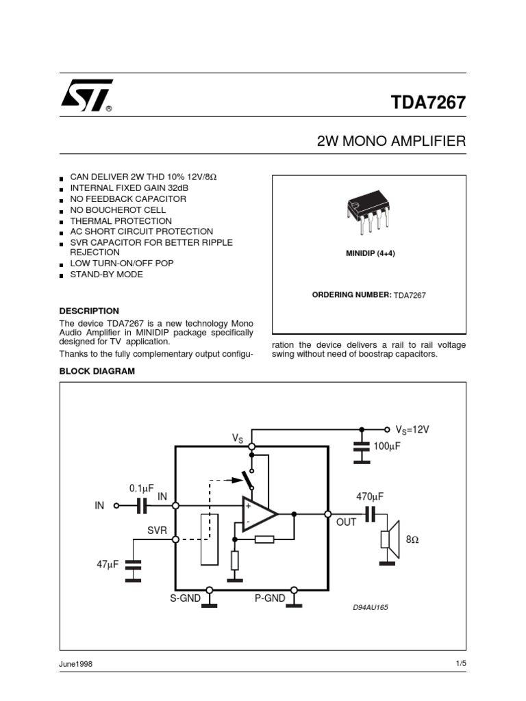 2W Mono Amplifier: Description | PDF | Amplifier | Capacitor
