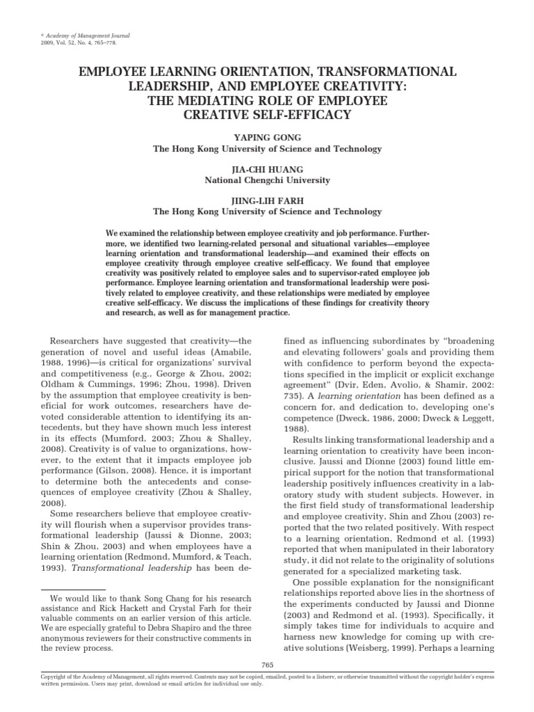 Creative Self Efficacy and Learning | PDF