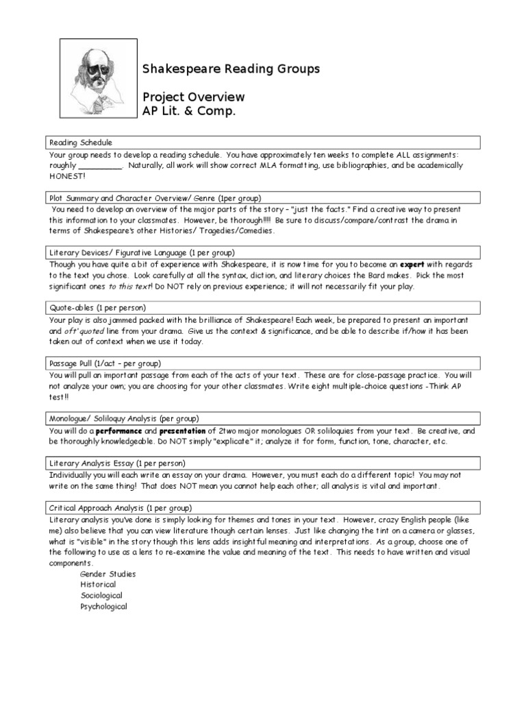 Shakespeare Reading Groups Project Overview AP Lit. & Comp | PDF ...