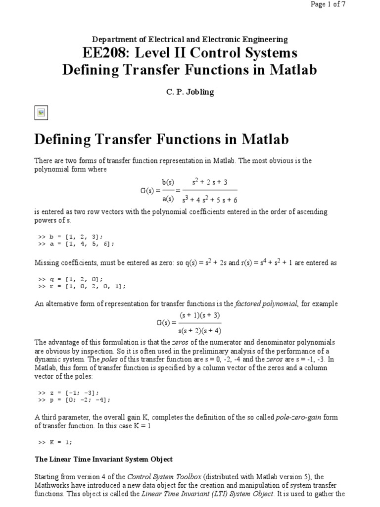 EE208: Level II Control Systems Defining Transfer Functions in Matlab ...