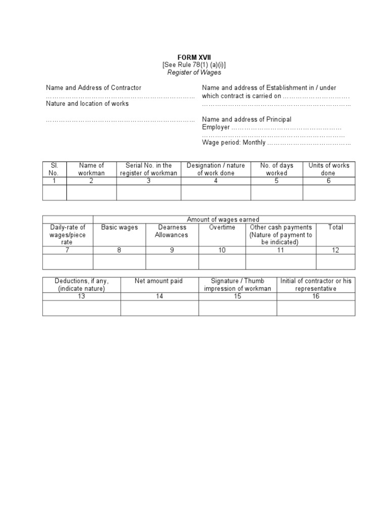 Register of Wages: Form Xvii | PDF