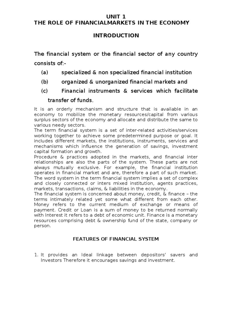 Unit 1 The Role of Financialmarkets in The Economy: Features of ...