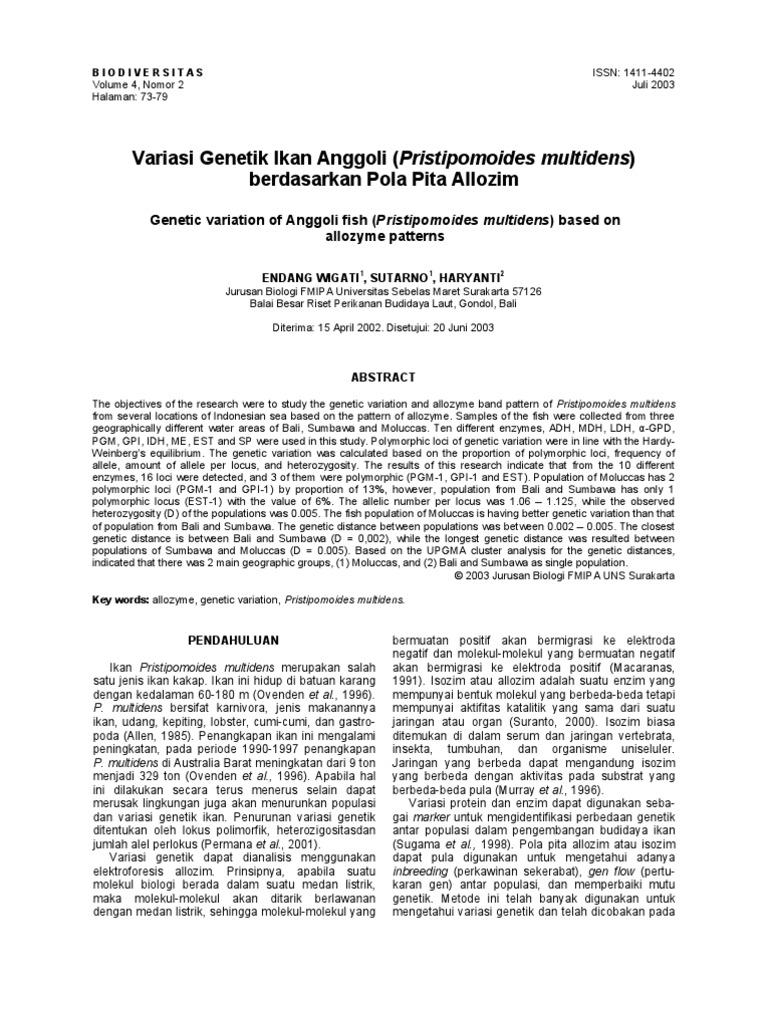 Variasi Genetik Ikan Anggoli (Pristipomoides Multidens) Berdasarkan ...