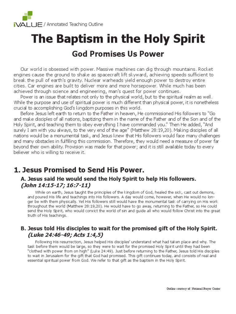 Holy Spirit Baptism Outline | Baptism With The Holy Spirit | Baptism