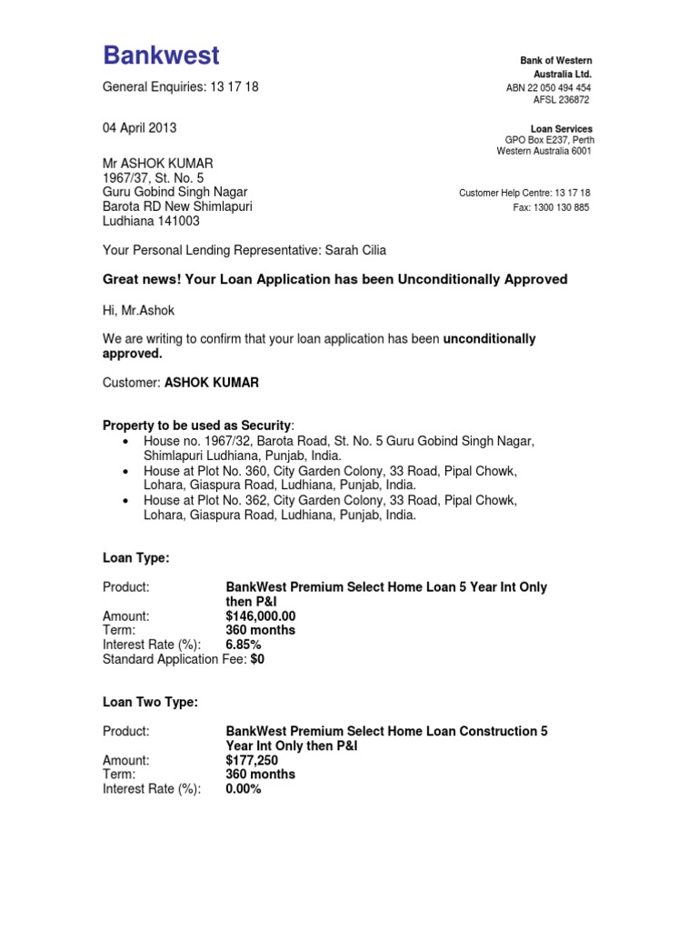 Bankwest Loan Approval Confirmation | PDF | Finance & Money Management