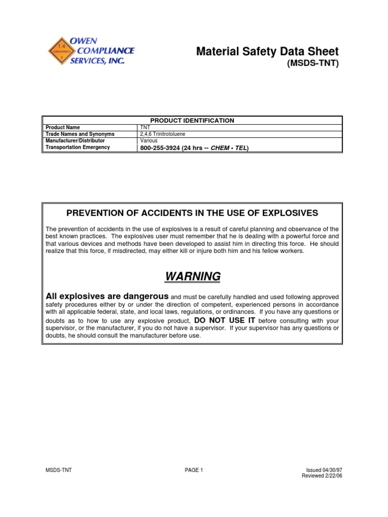 MSDS TNT | Explosive Material | Safety