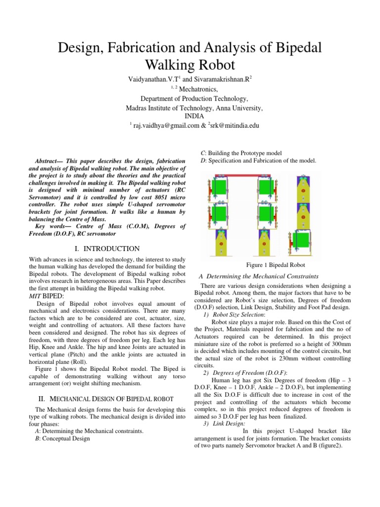 Design, Fabrication and Analysis of Bipedal Walking Robot | PDF | Walking | Bipedalism