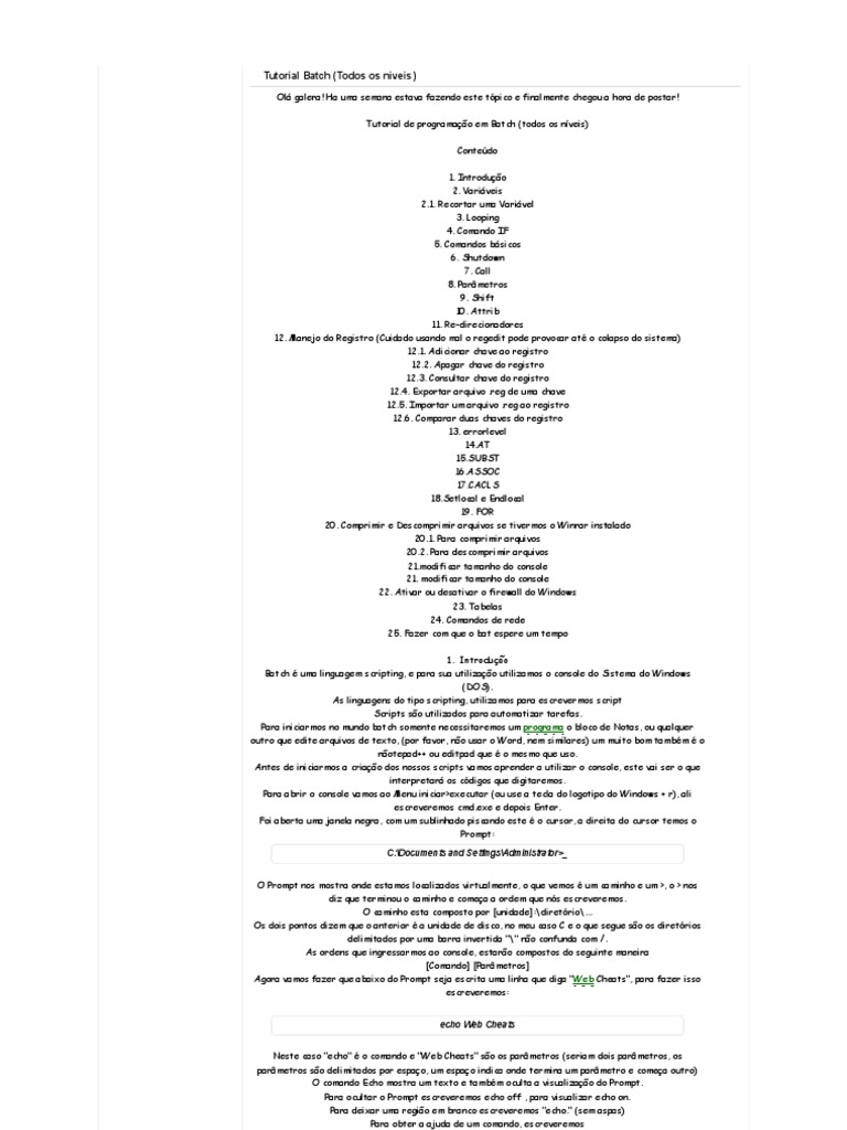Tutorial Batch Todos Os Niveis Pdf Pdf Linguagem De Script