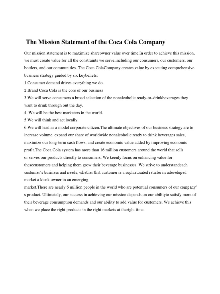 The Mission Statement of The Coca Cola Company | PDF | Coca Cola | The ...
