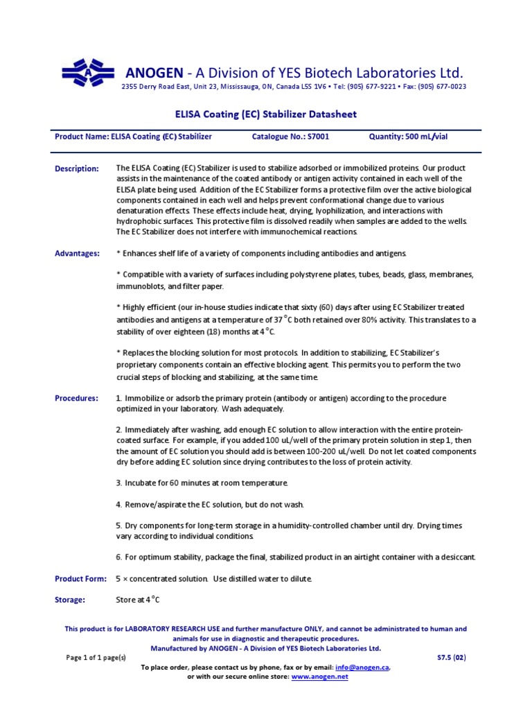 S7001 Elisa Coating Stabilizer | PDF | Elisa | Molecular Biology