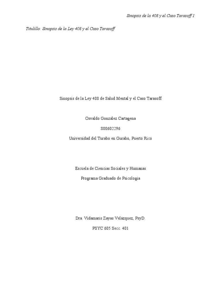 Ley 408 y el Caso Tarasoff: Una breve sinopsis sobre la ley de salud ...