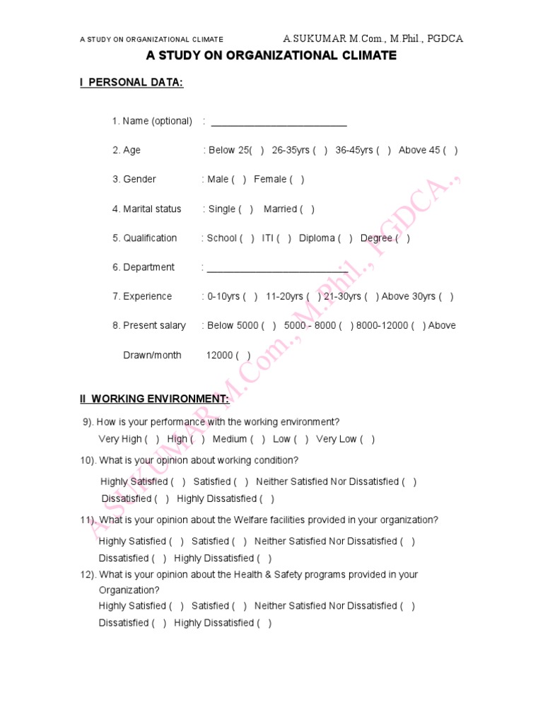 Questionnaire - Organisational Climate | PDF | Labor | Psychology