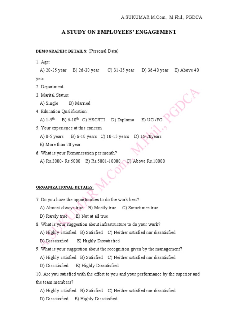 Questionnaire Employee Engagement | PDF | Organizational Behavior ...