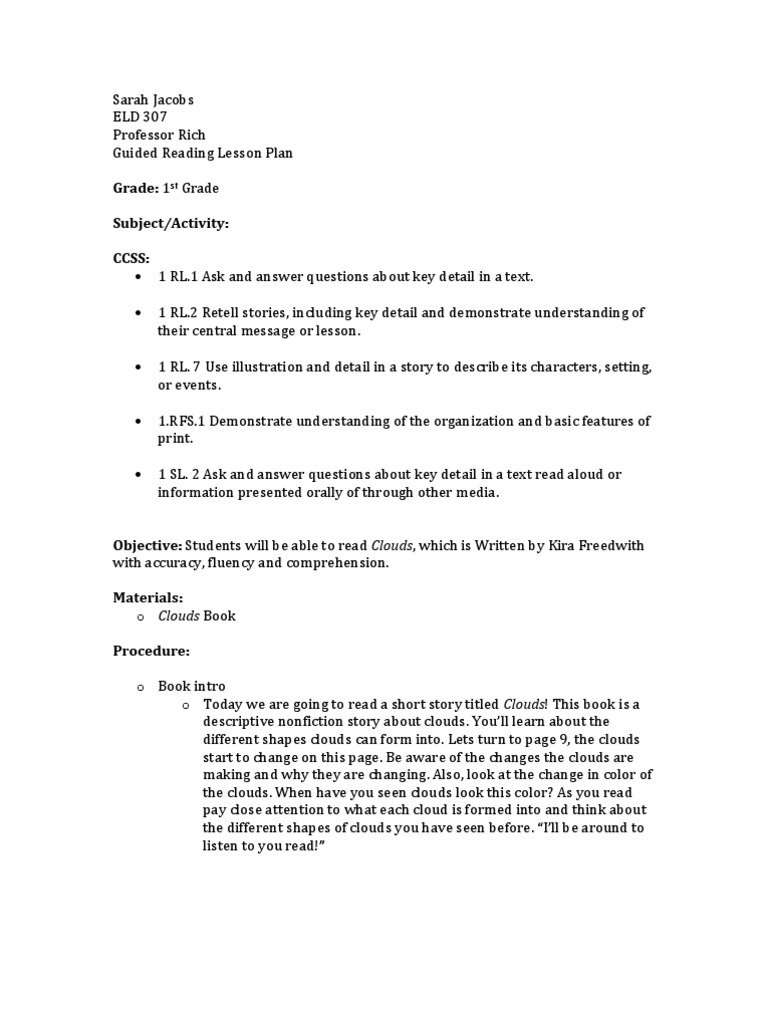 1st Grade Guided Reading Plan: Clouds | PDF | Reading Comprehension ...