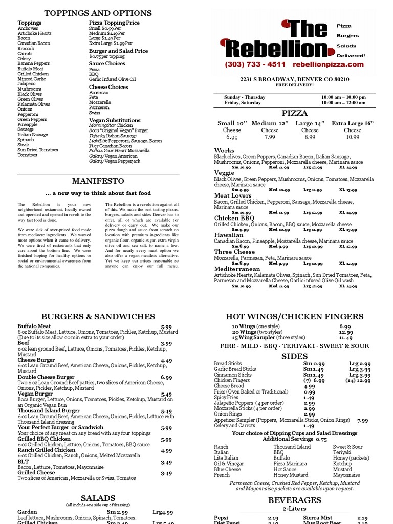 Rebellion Pizza MENU Rev090217 | PDF | Hamburgers | Pizza