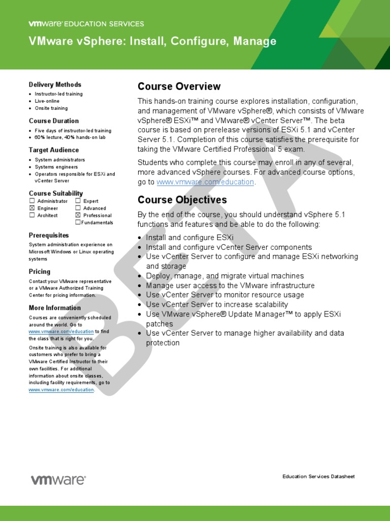 EDU DATASHEET vSphereInstallConfigureManage V51 BETA | PDF | V Mware | System Administrator