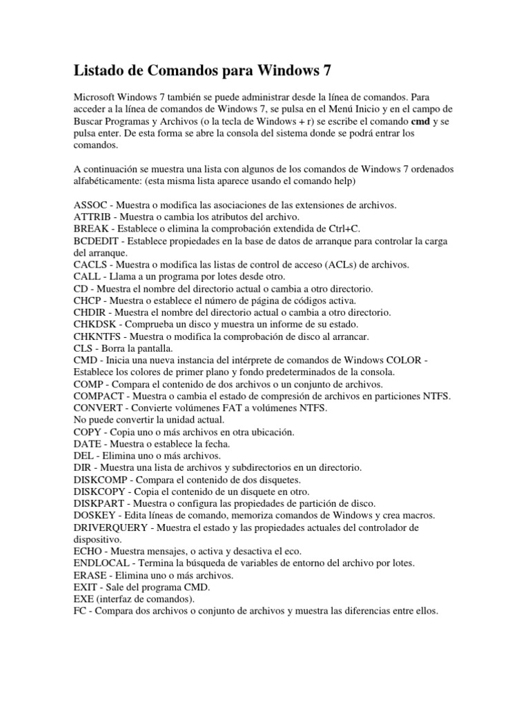 Listado de Comandos para Windows 7 | PDF | Archivo de computadora ...