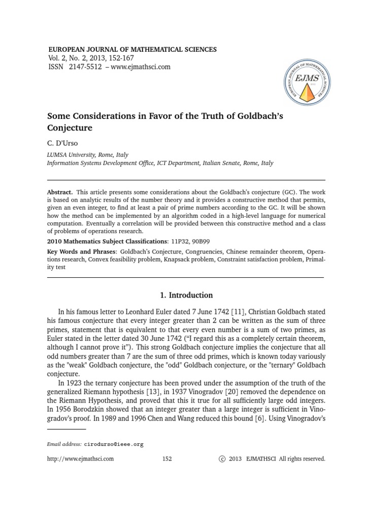 Goldbach's Conjecture | PDF | Prime Number | Conjecture