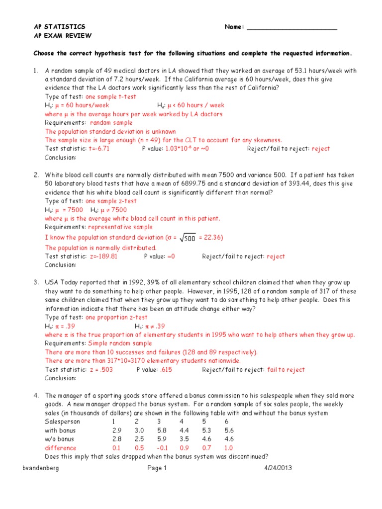AP Statistics Hypothesis Tests | PDF | Statistical Hypothesis Testing ...