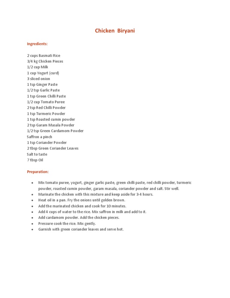 Chicken Biryani: Ingredients | PDF