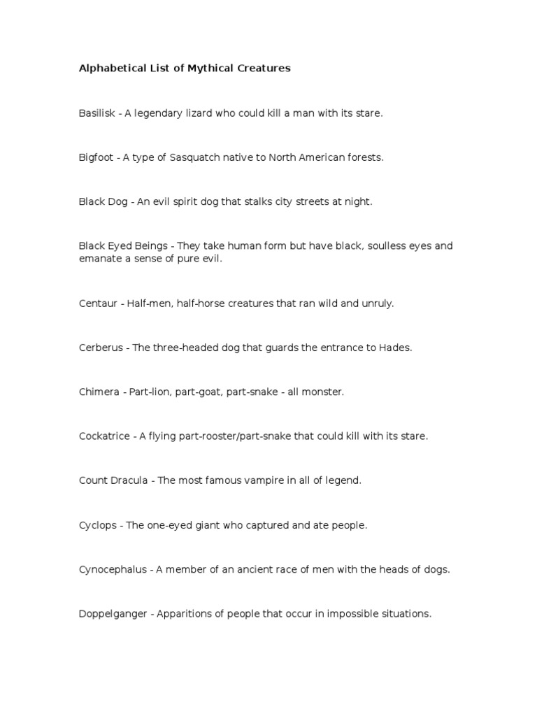 Alphabetica List of Mythical Creatures | PDF | Monsters | Ghosts